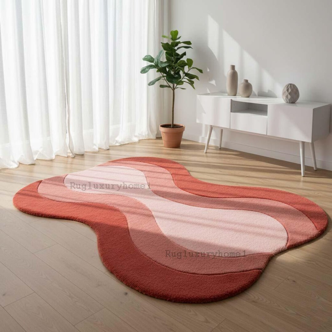 Wavy Pink and Red Abstract Wool Rug - Hand Tufted Freeform Statement ...