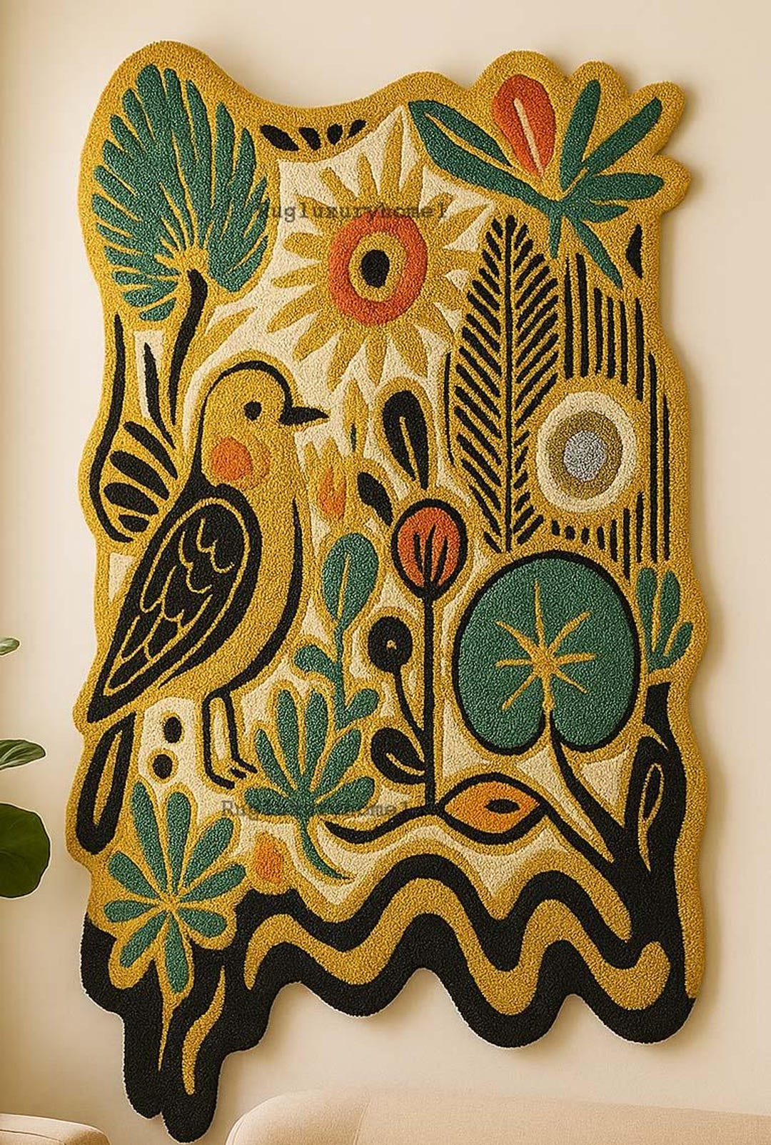 Hand Tufted Wool Rug With Bird Motif - Irregular Shaped Cream Area Rug ...