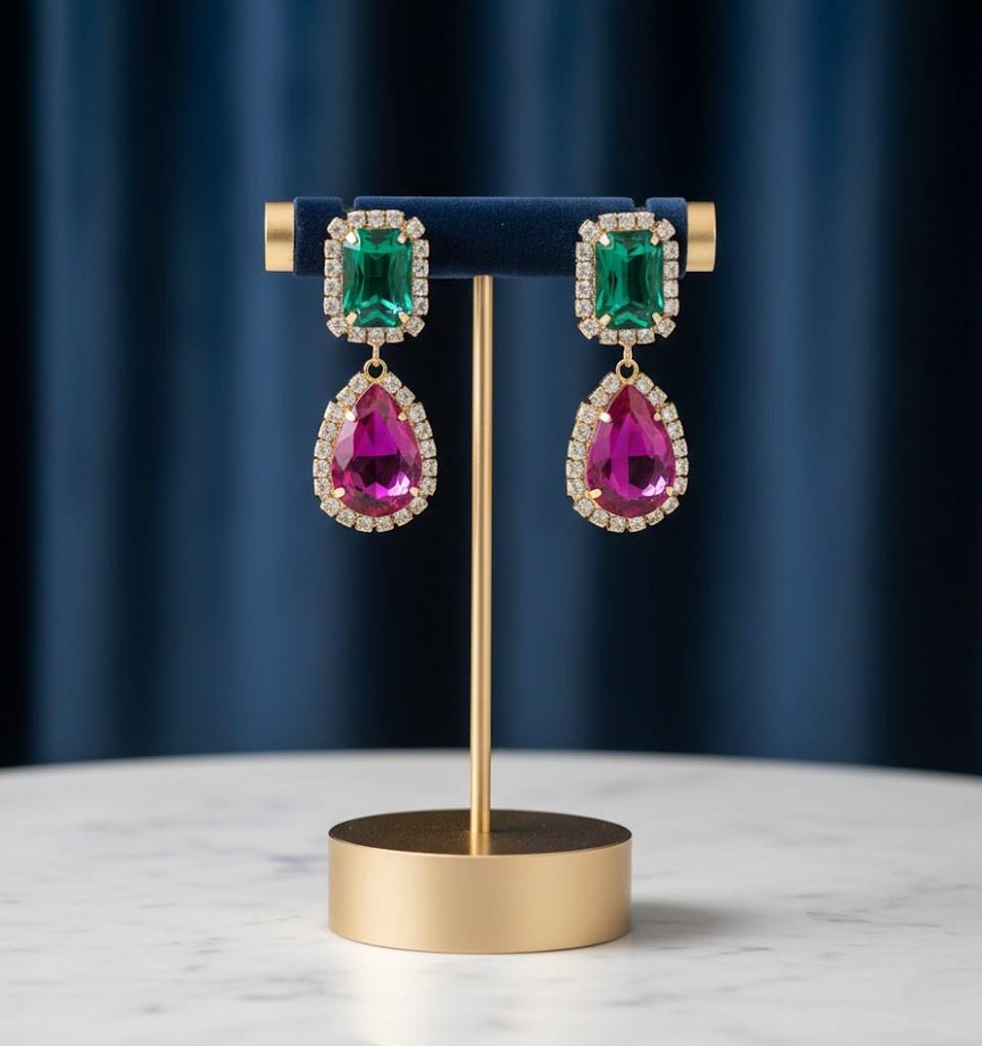 Emerald Green & Magenta Pink Drop Earrings | Royal Statement Jewelry - Etsy