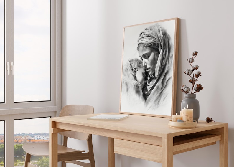 Maria segurando o Menino Jesus | Pôster Cristão Moderno | Decoração de ...