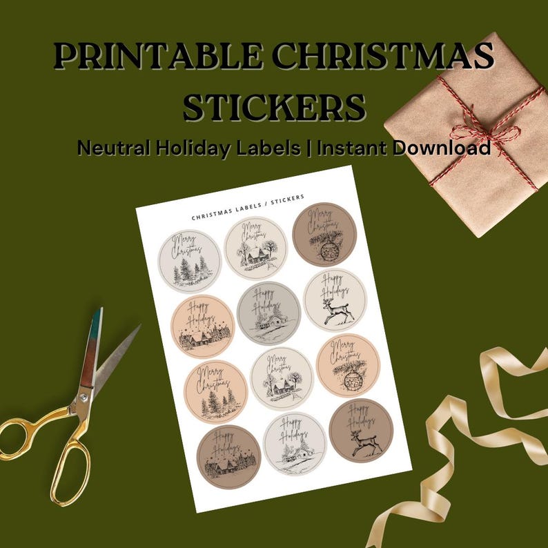 Printable Christmas Stickers | Neutral Holiday Labels | Instant ...