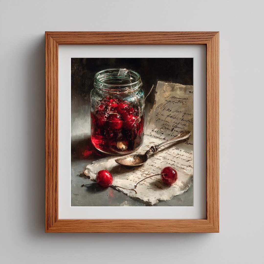 Rustic Cherry Jar Still Life Art Print – Vintage Kitchen Decor (digital ...