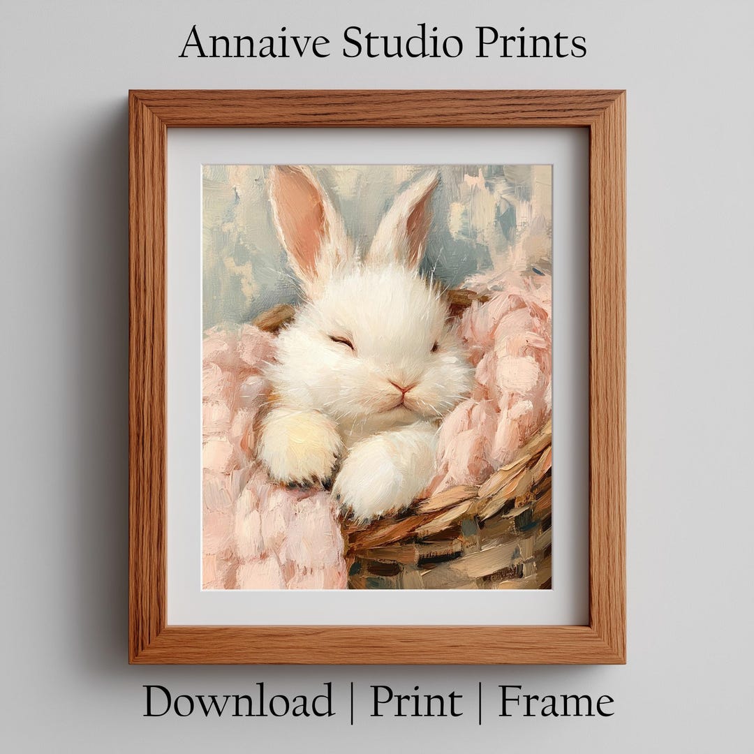 Cozy White Bunny Painting – Cottagecore Pastel Floral Art (digital ...