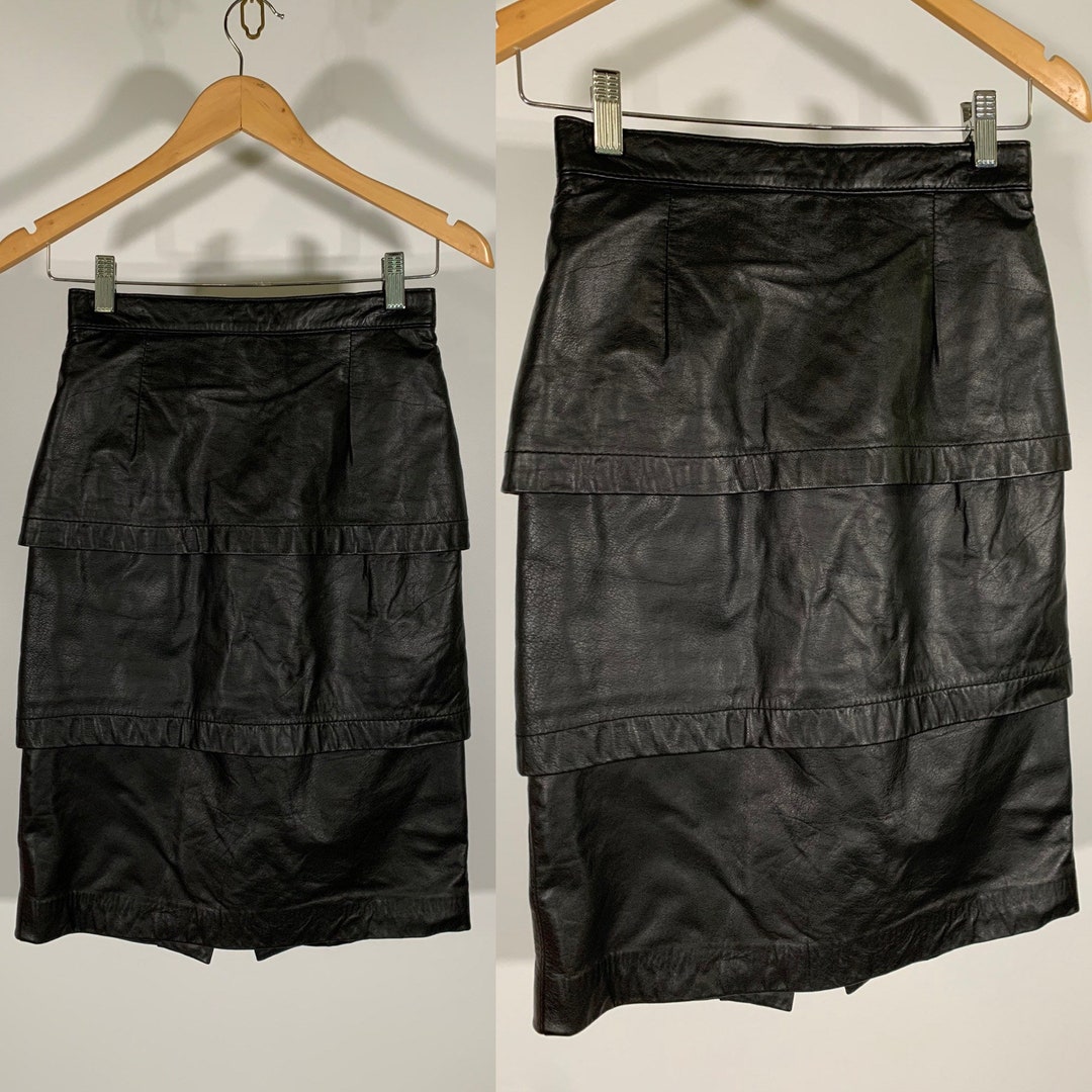 80s Vintage Leather Skirt Black Ruffle Layer Detail Rock and Roll Punk ...