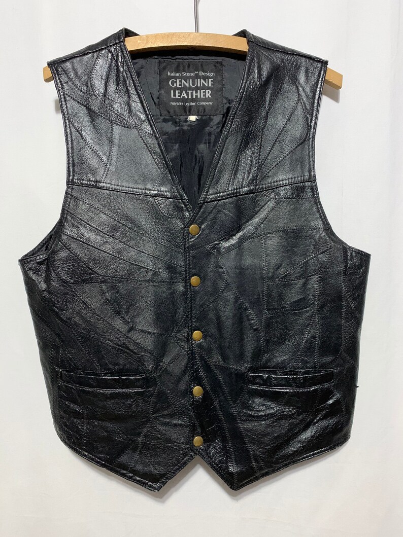 Vintage 1980s Mens Patchwork Black Leather Vest Unisex Rock And Roll