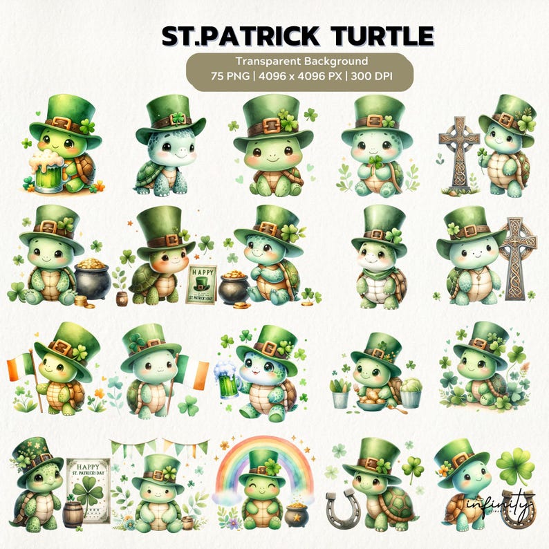 St. Patrick’s Day Turtle Clipart | 75 PNG Cute Watercolor Shamrock ...