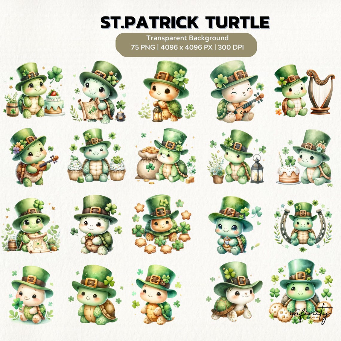 St. Patrick’s Day Turtle Clipart | 75 PNG Cute Watercolor Shamrock ...