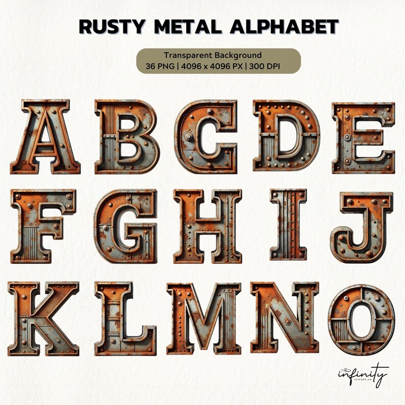 Rusty Metal Alphabet Clipart: Grunge Industrial Font (digital Download ...