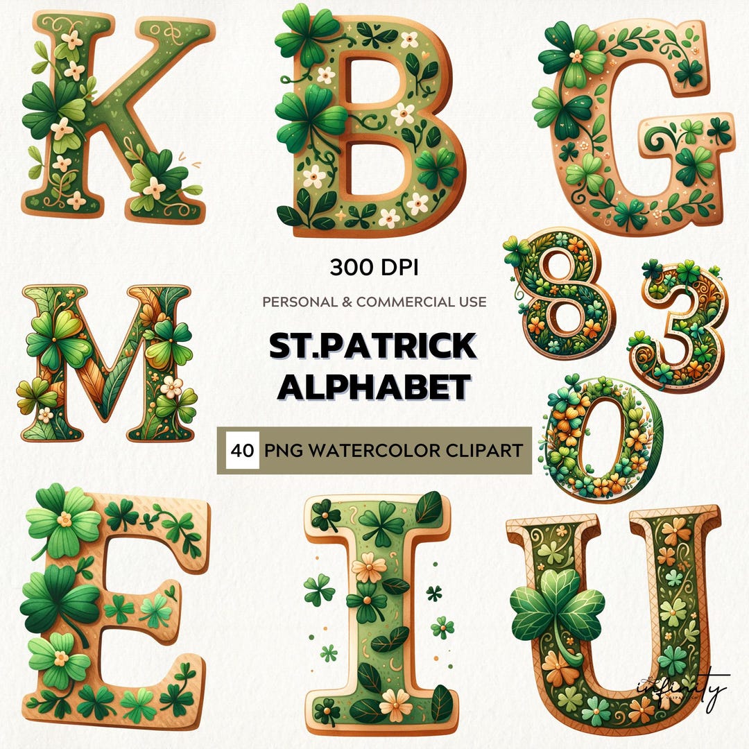 Lucky Charm Alphabet – Watercolor Clipart Set for St. Patrick's Day ...