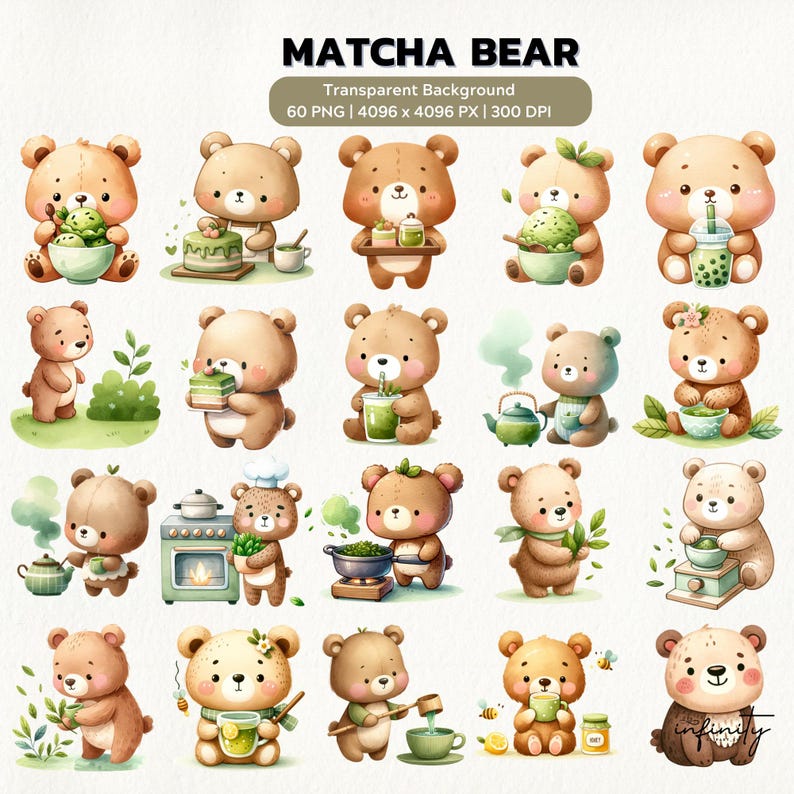 Calm & Cozy – Watercolor Clipart Set of Matcha Bears - Etsy