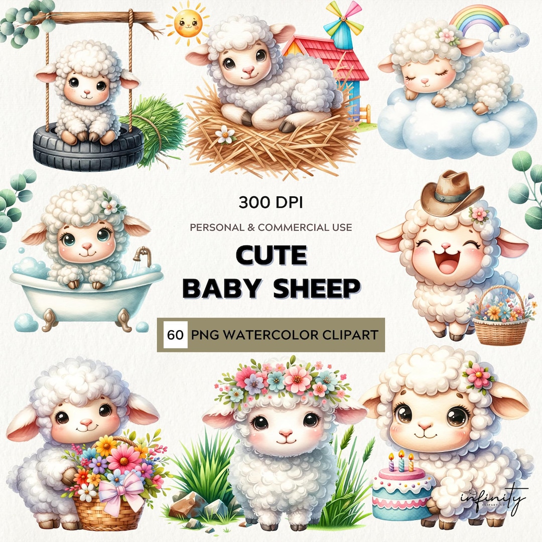 Baby Sheep Clipart Set | 60 Watercolor Cute Lambs in Bathtub, Flowers ...