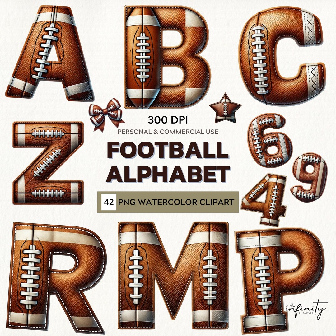 Watercolor Football Alphabet Clipart: A-Z Letters & Numbers (digital ...