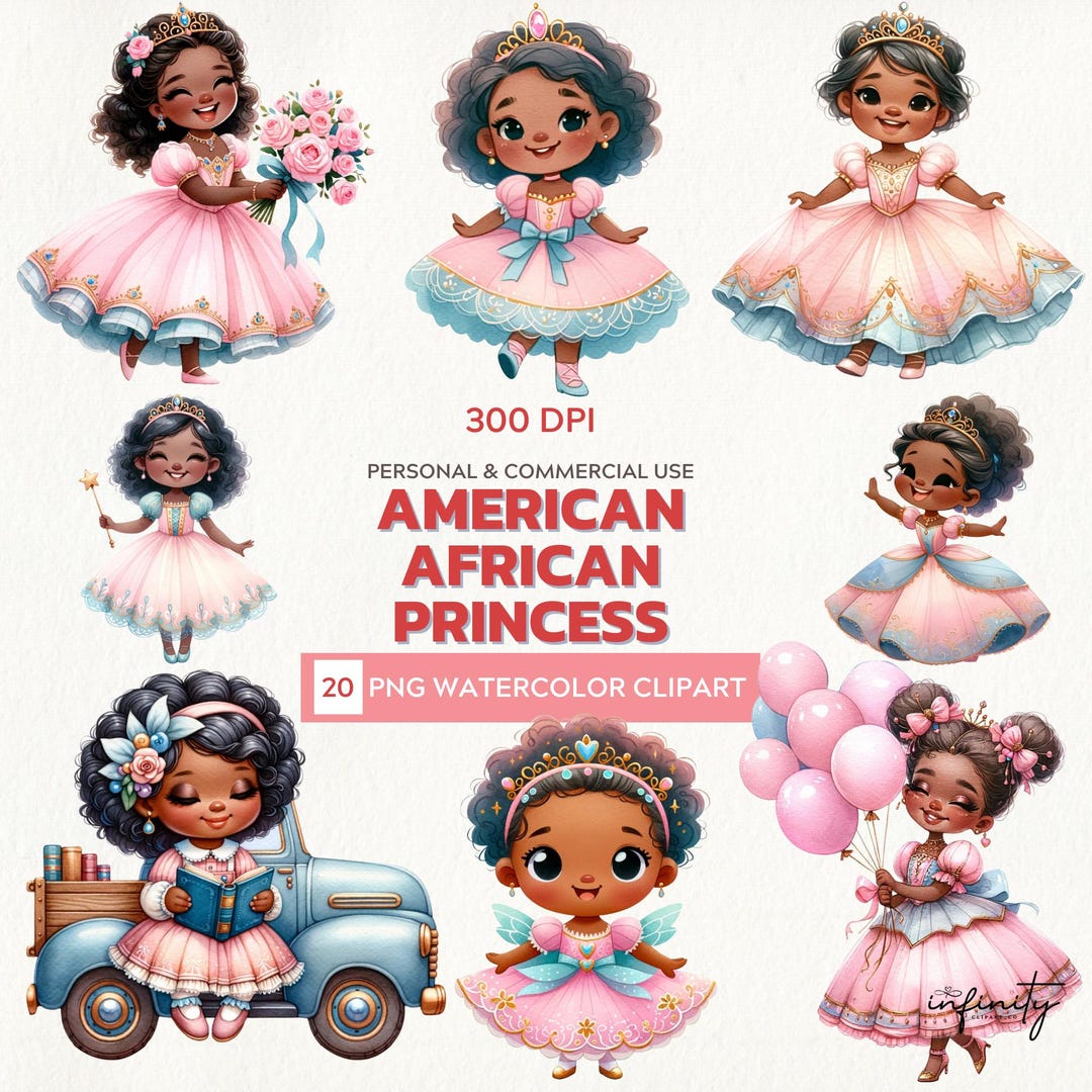 Royal Radiance Princess Clipart PNG Set | Watercolor African American ...