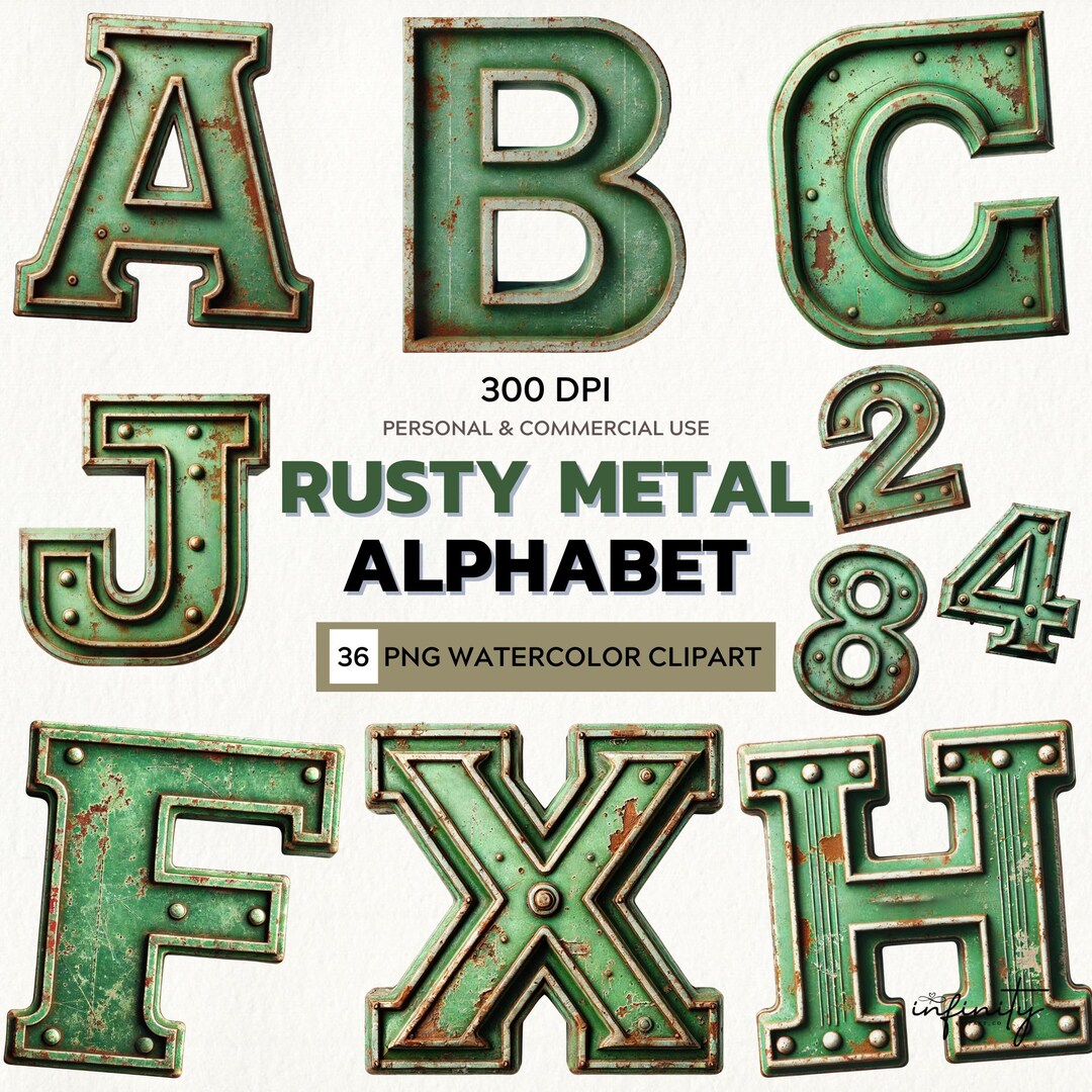 Rusty Green Metal Alphabet Clipart: Vintage Industrial Font (digital ...