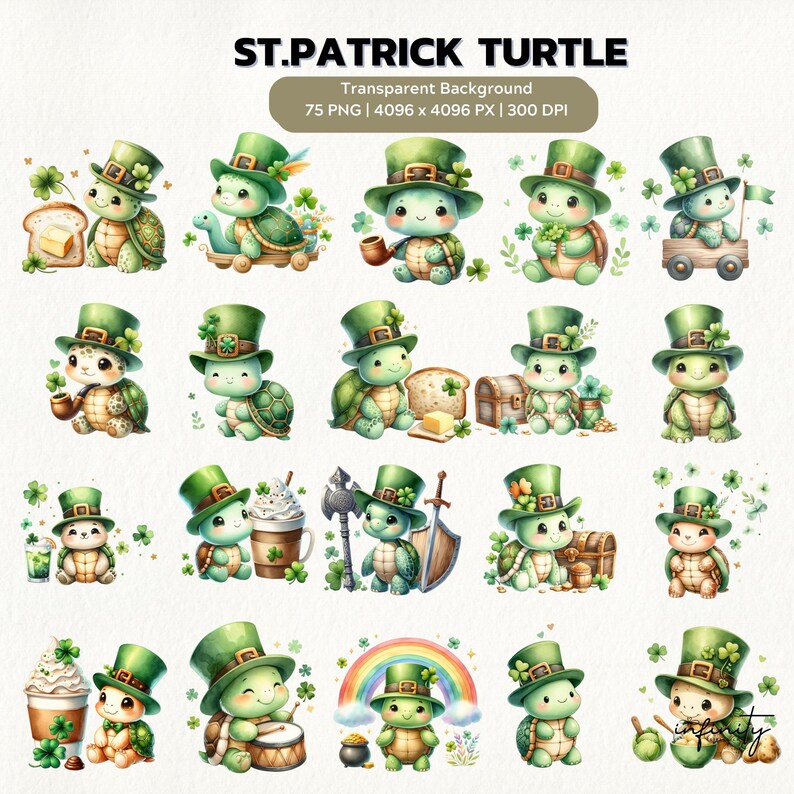 St. Patrick’s Day Turtle Clipart | 75 PNG Cute Watercolor Shamrock ...