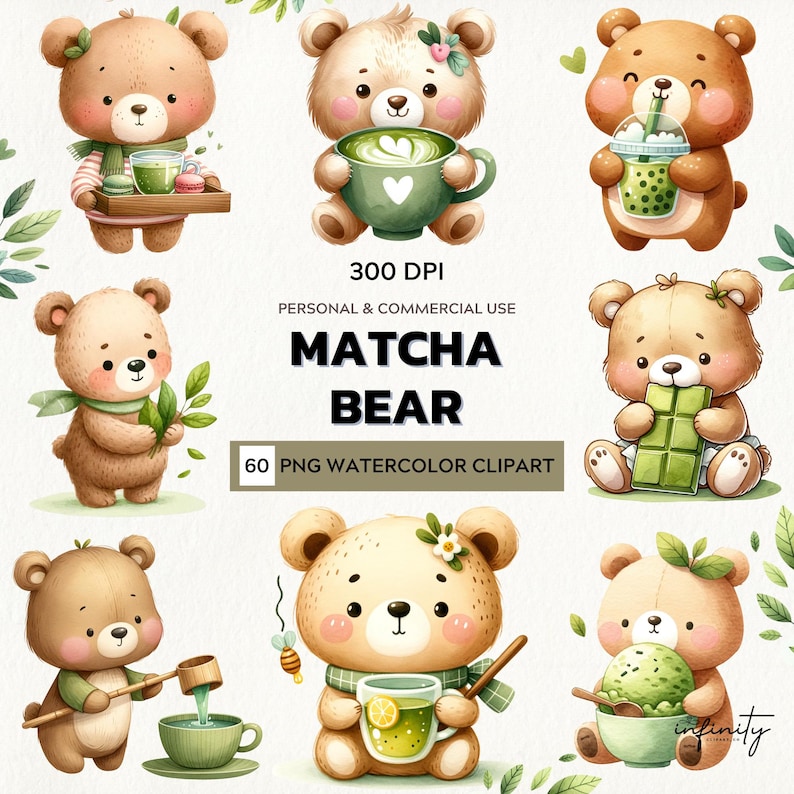 Calm & Cozy – Watercolor Clipart Set of Matcha Bears - Etsy