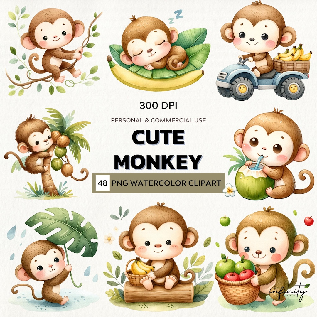 Jungle Baby Monkeys – Watercolor Clipart Set for Baby Shower & Nursery ...