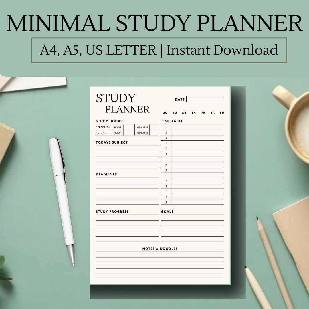 Minimal Study Planner PDF – A4, A5 & US Letter | Printable Student ...