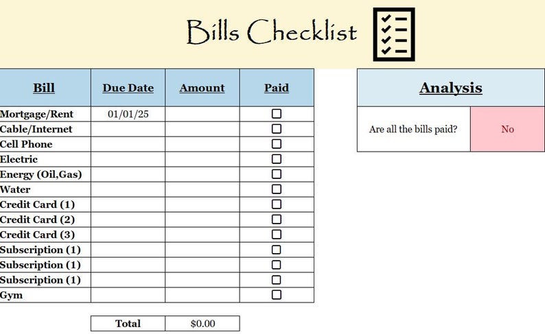 Monthly Bills Checklist - Etsy