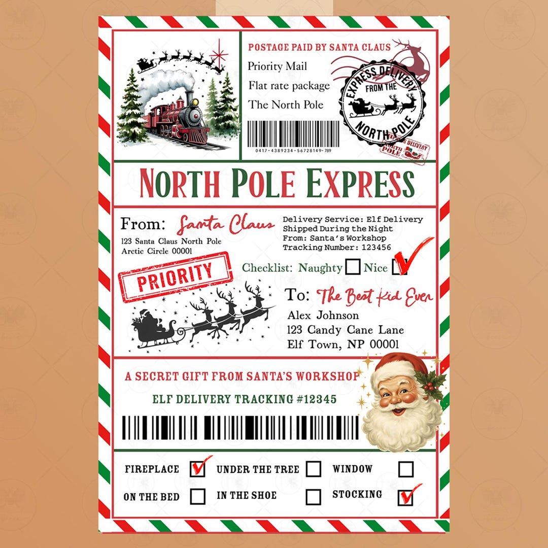 Editable Santa Mail Sticker Label Template, North Pole Christmas Eve ...