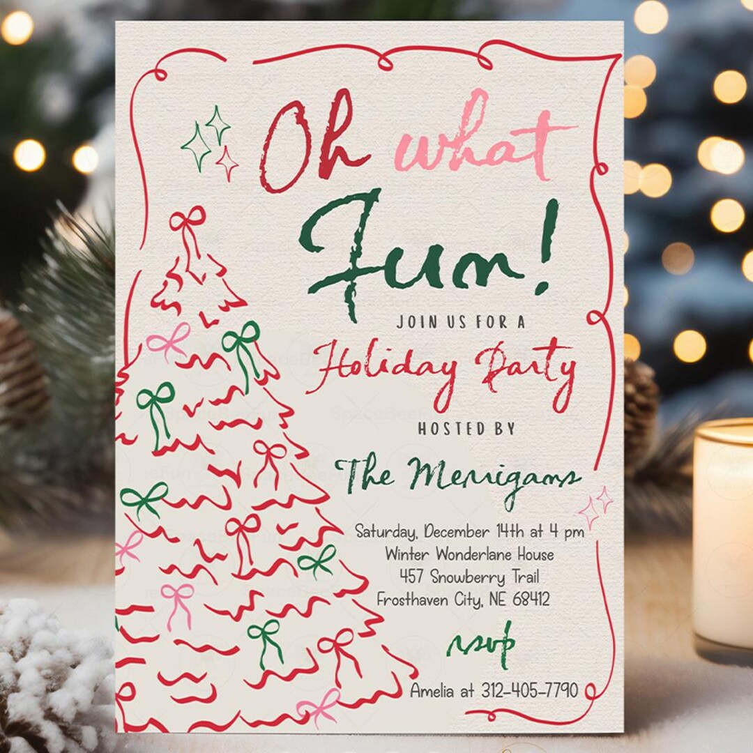 Oh What Fun Christmas Party Invitation Green Red Pink Editable ...