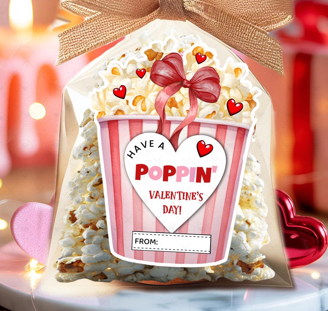 Popcorn Valentine's Day Labels for Kids, Valentine Bow Stickers, Poppin ...