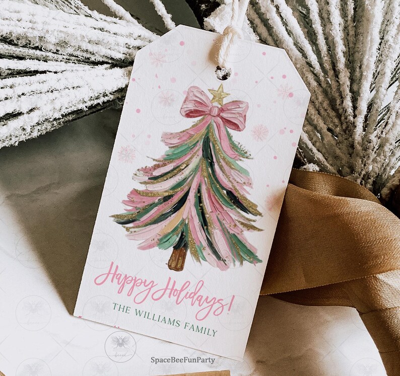 Christmas Gift Tags Printable Editable, Holiday Tags Cute Pink Bow ...