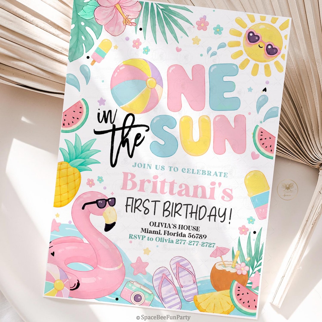 One in the Sun 1st Birthday Invitation: Pool Party, Beach Summer Theme ...