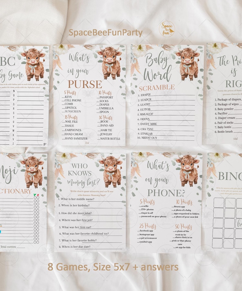 Highland Cow Baby Shower Games Holy Cow Baby Boho Game Bundle, Cow ...