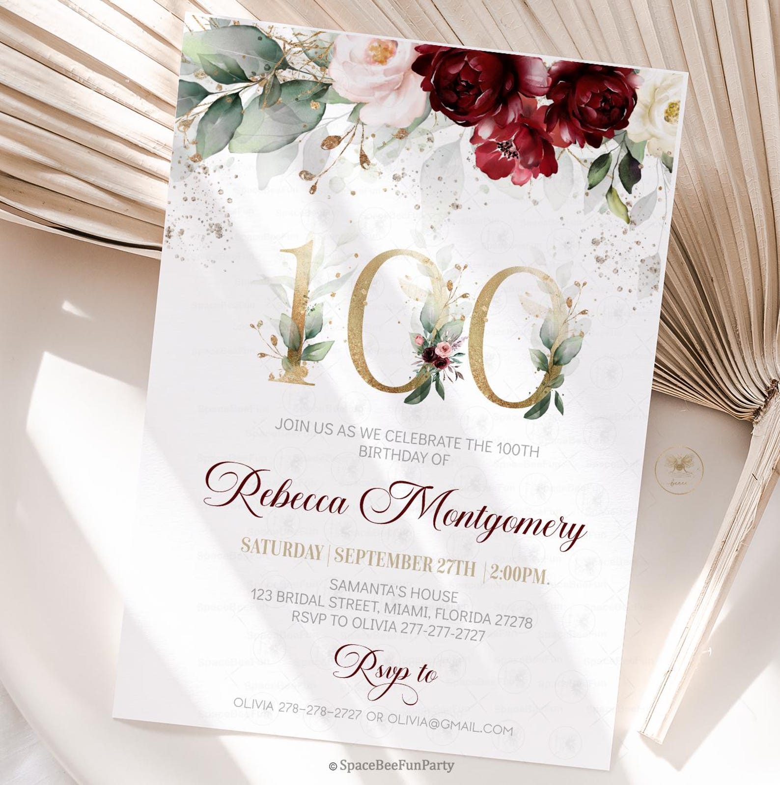 100th Birthday Invitation Editable Elegant Floral Eighty Year Old ...