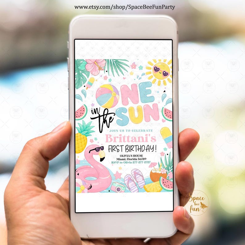 One in the Sun 1st Birthday Invitation: Pool Party, Beach Summer Theme ...