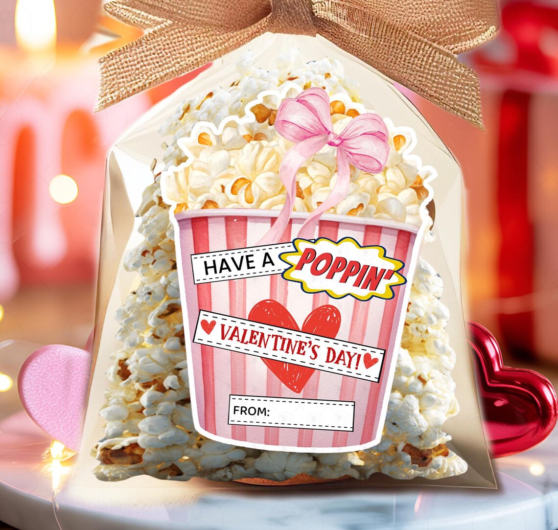 Popcorn Valentine's Day Labels for Kids, Valentine Bow Stickers, Poppin ...