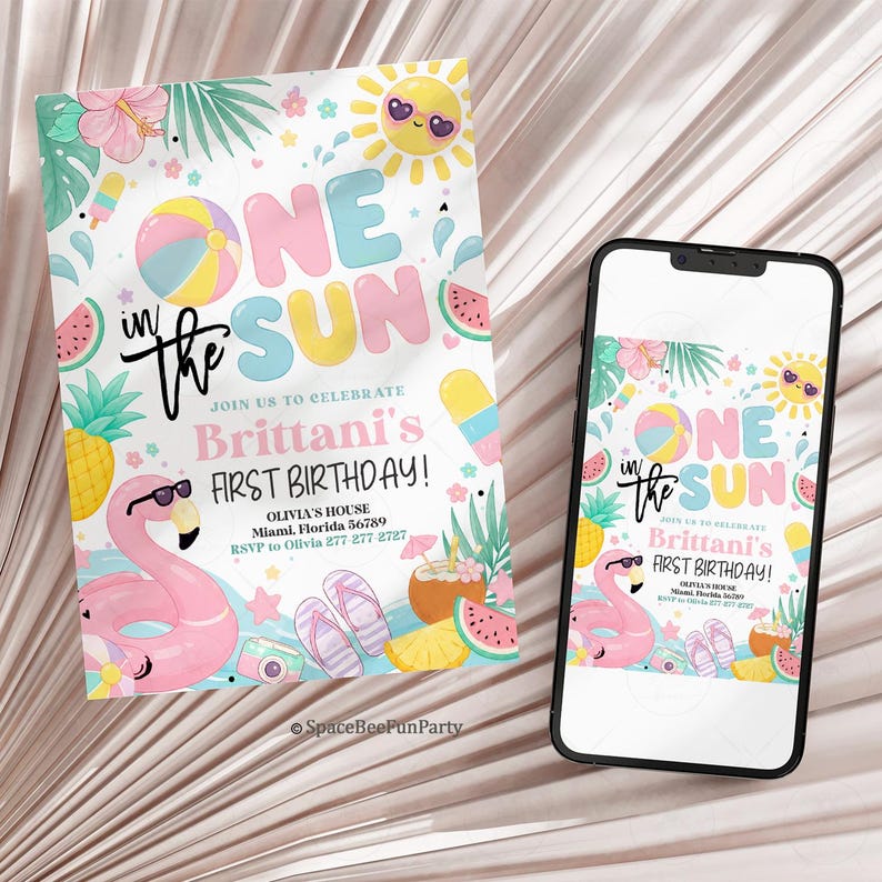 One in the Sun 1st Birthday Invitation: Pool Party, Beach Summer Theme ...