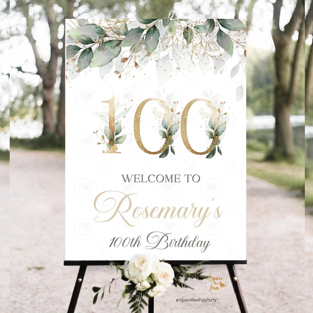 100th Birthday Welcome Sign Elegant Welcome Party Sign Sage Floral ...