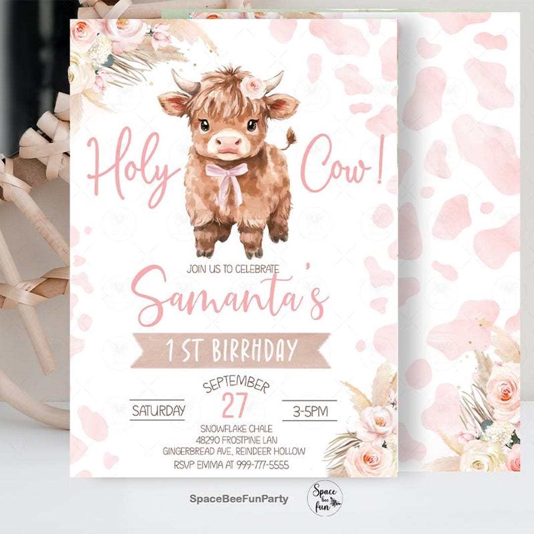 Holy Cow 1st Birthday Invite Highland Invitation Girl, Holy Cow Party ...