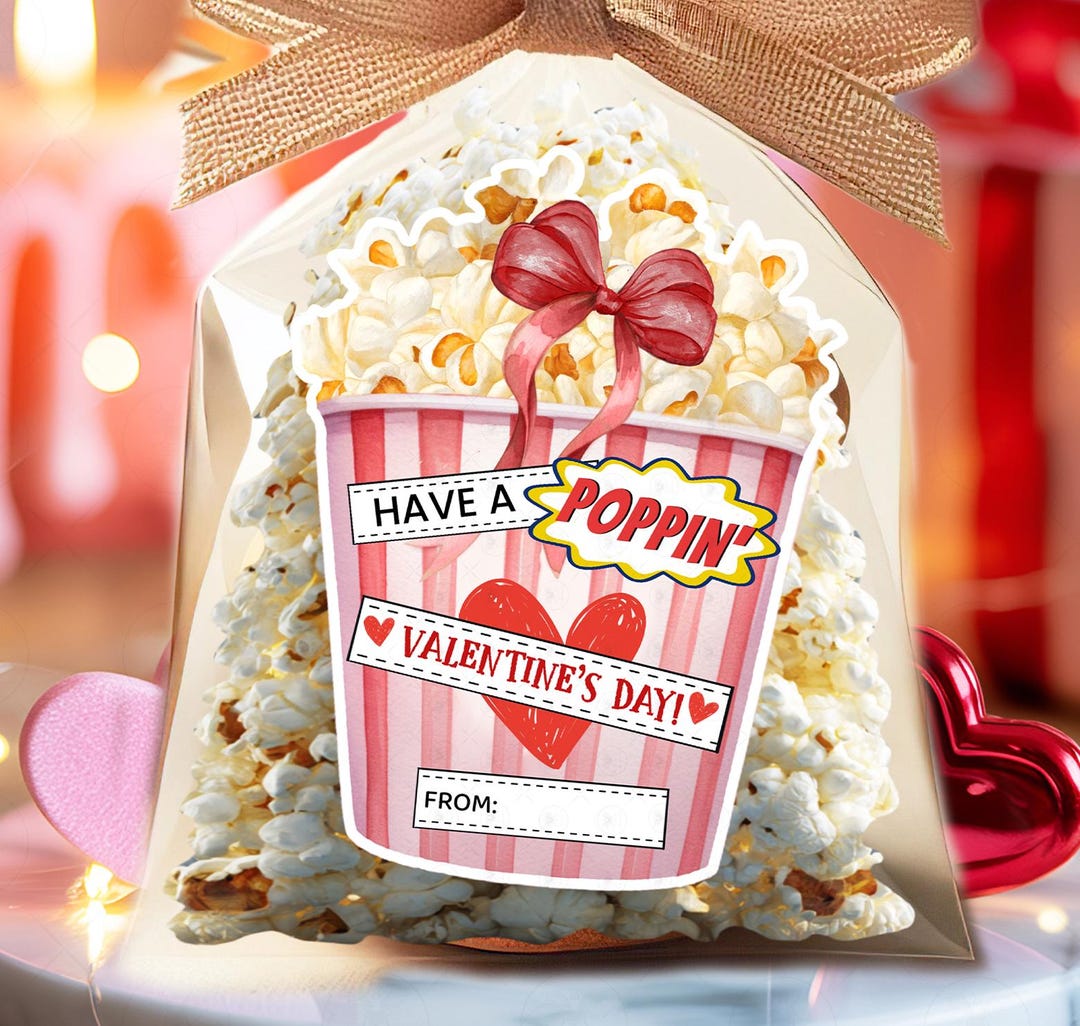 Popcorn Valentine's Day Labels for Kids, Valentine Bow Stickers, Poppin ...