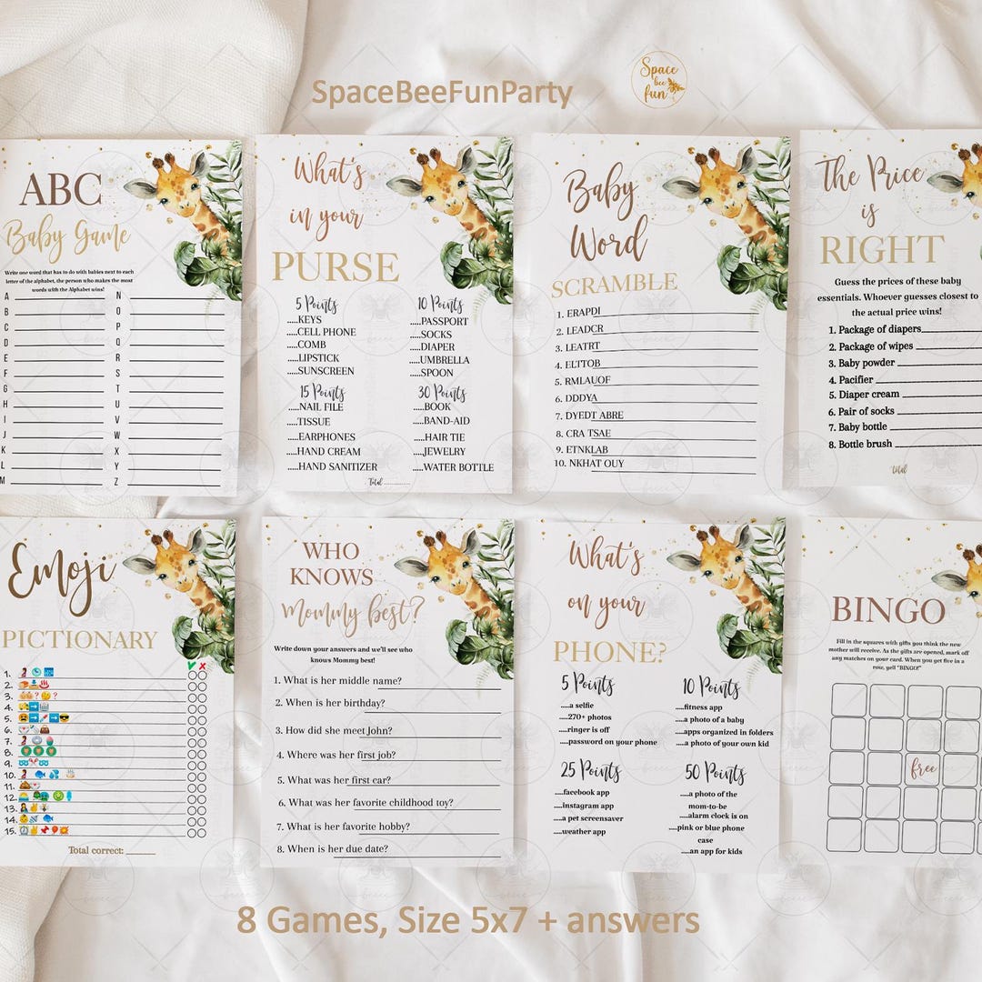 Giraffe Baby Shower Games, Safari Giraffe Baby Shower Game Bundle ...