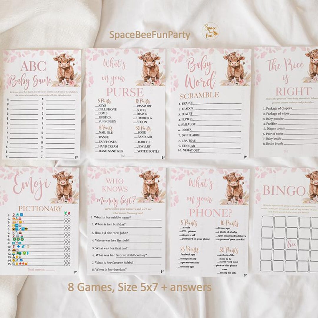 Highland Cow Baby Shower Games Girl, Holy Cow Baby Boho Game Bundle ...