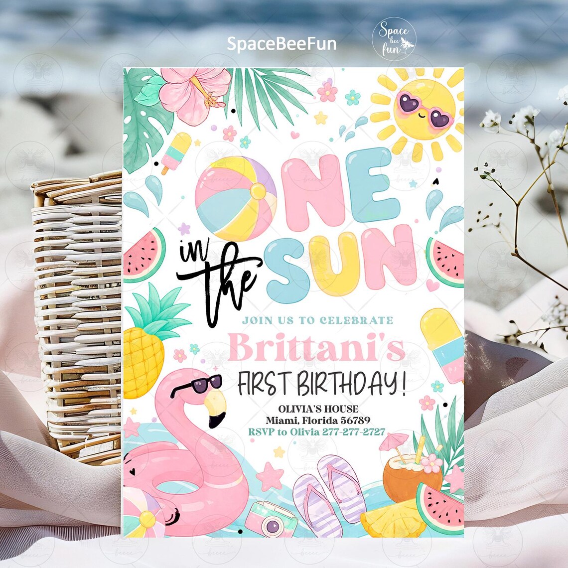 One in the Sun 1st Birthday Invitation: Pool Party, Beach Summer Theme ...