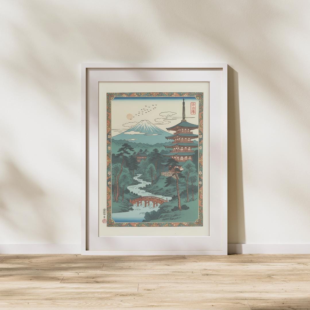 Japanese Woodblock Print Wall Art, Mount Fuji and Pagoda Poster ...