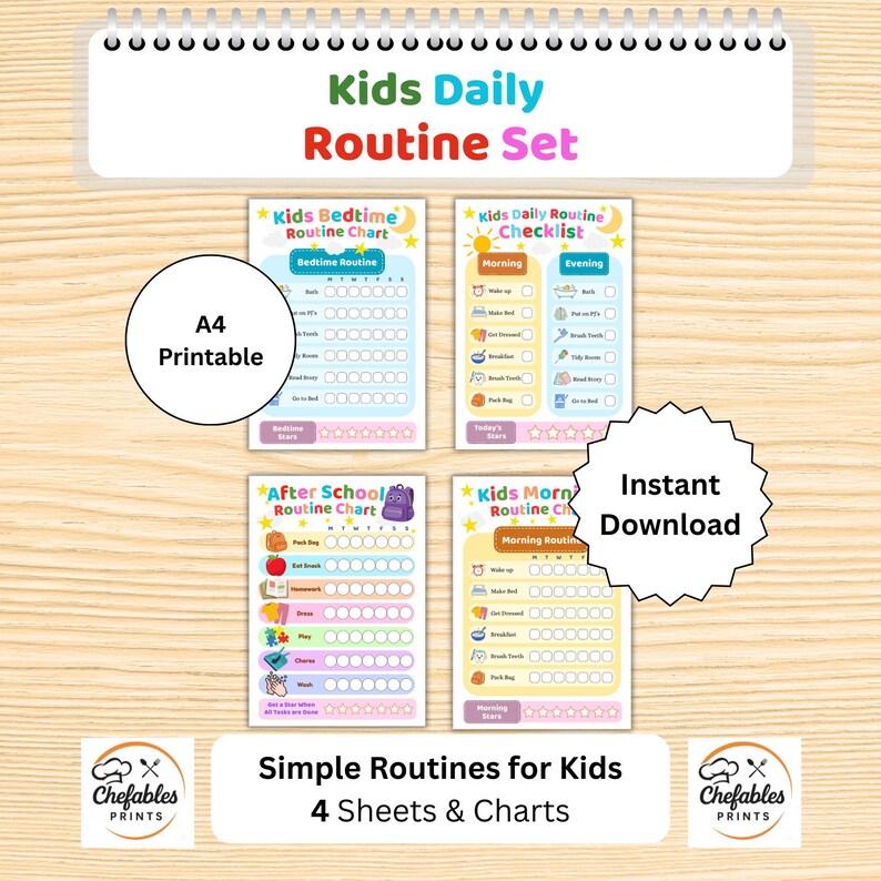 Printable Kids Routine Chart Set, Colourful Daily Responsibilities ...