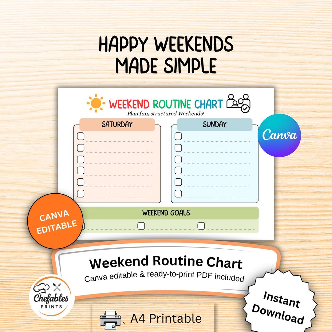 Printable A4 Weekend Routine Chart, Canva Editable Saturday Sunday ...