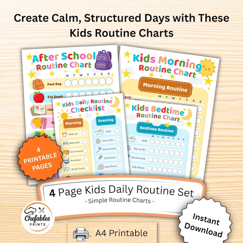 Printable Kids Routine Chart Set, Colourful Daily Responsibilities ...