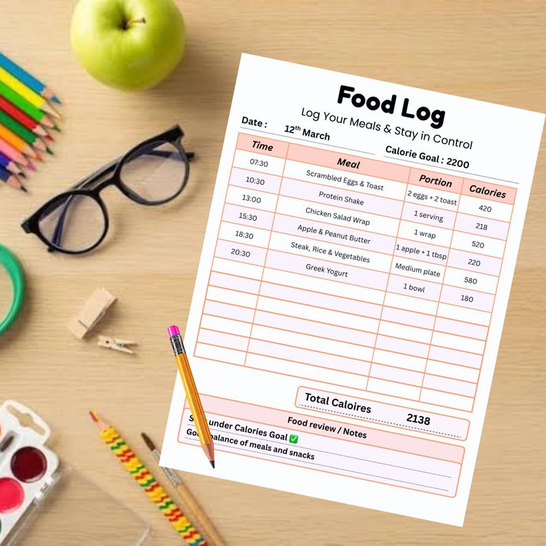 Food Log Printable | Calorie Focused Meal Tracker | A4 & US Letter | 5 ...