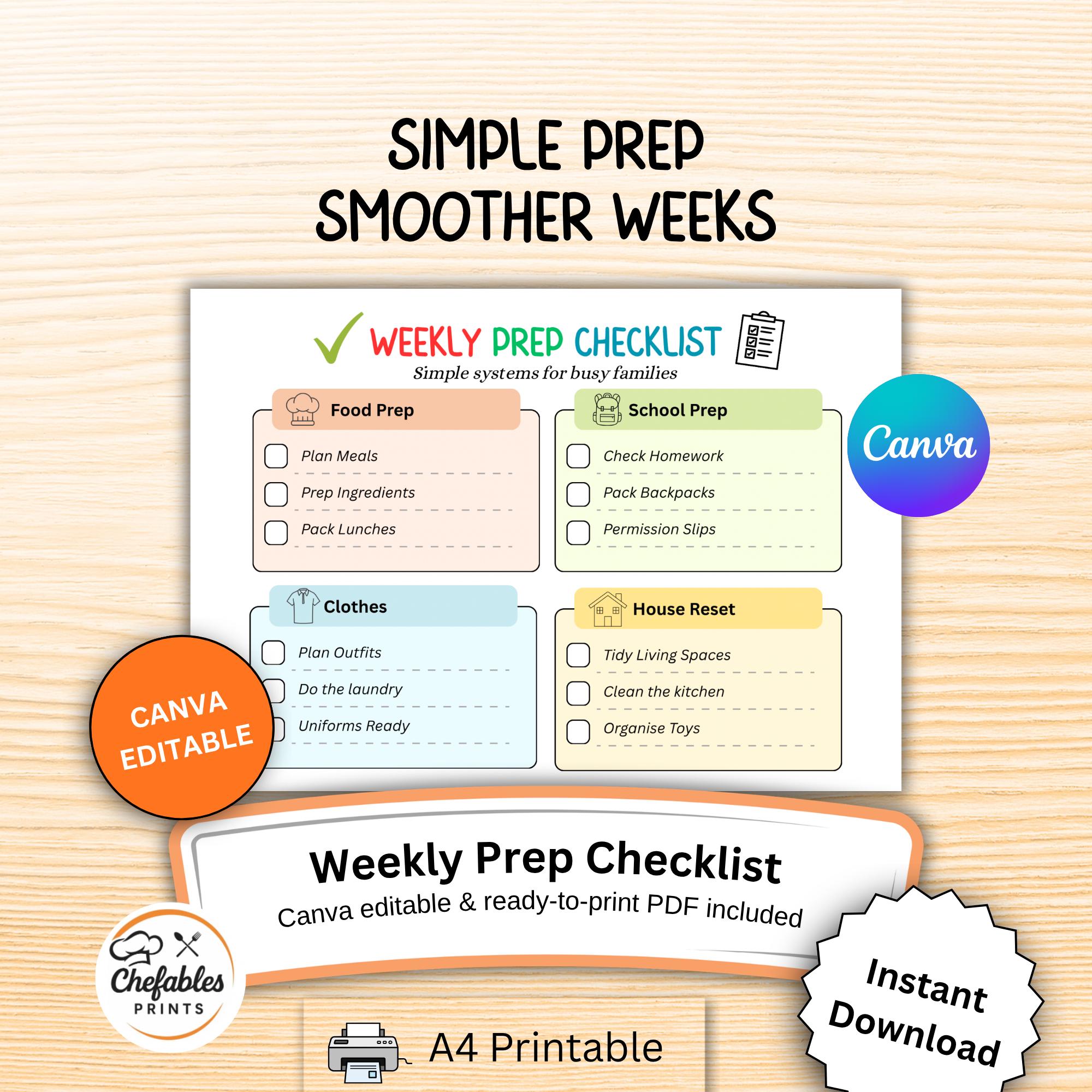 Printable Weekly Prep Checklist A4, Canva Editable Family Planner, Food ...