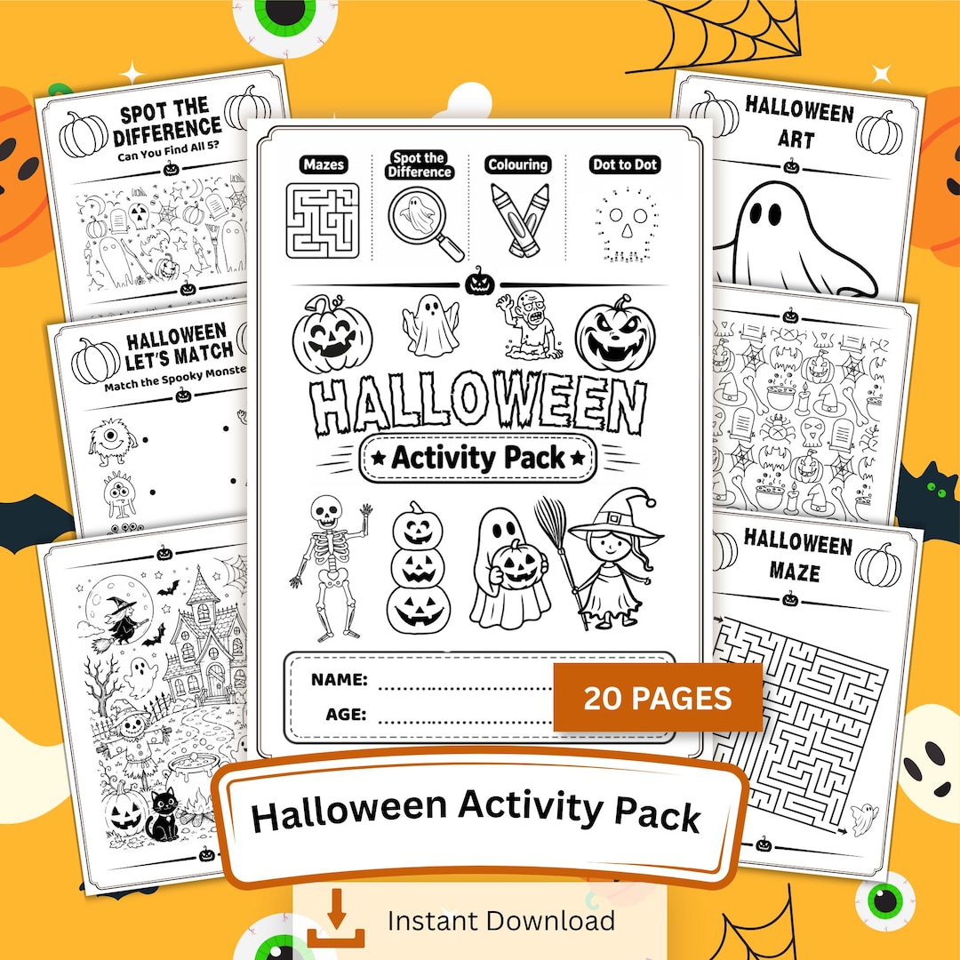 Halloween Activity Pack for Kids, 20 Printable Pages, Coloring, Mazes ...