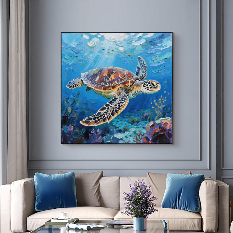 Original Sea Turtle Oil Painting, Contemporary Hand Painted Ocean ...