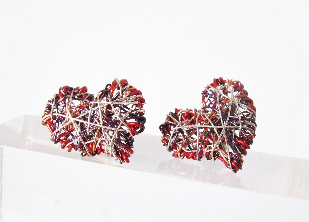 Artsy Red Heart Earrings Stud, Sculpture Artist Original Wire Jewelry ...