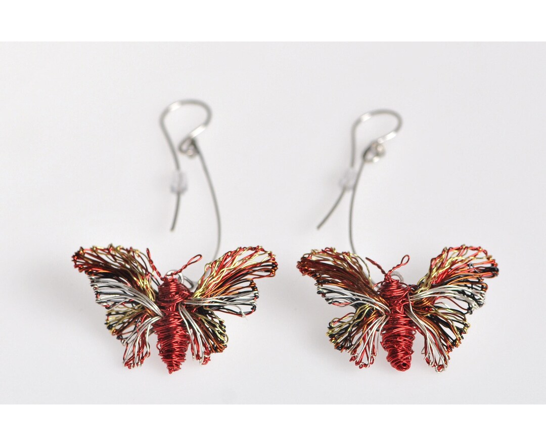 Red Butterfly Earrings Artist, Wire Bug Sculpture Art Jewelry, Long ...