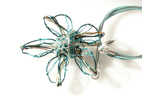 Turquoise Flower Necklace Art Wire Flower Pendant Modern | Etsy